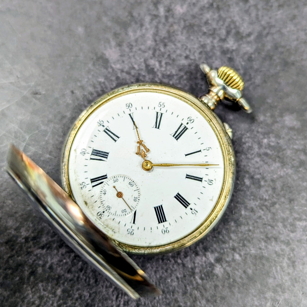 Vintage Swiss Pocket Watch Openface White Dial Roman Numerals Engraved ...