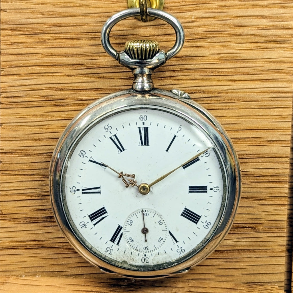 Vintage Swiss Pocket Watch Openface White Dial Roman Numerals Engraved ...