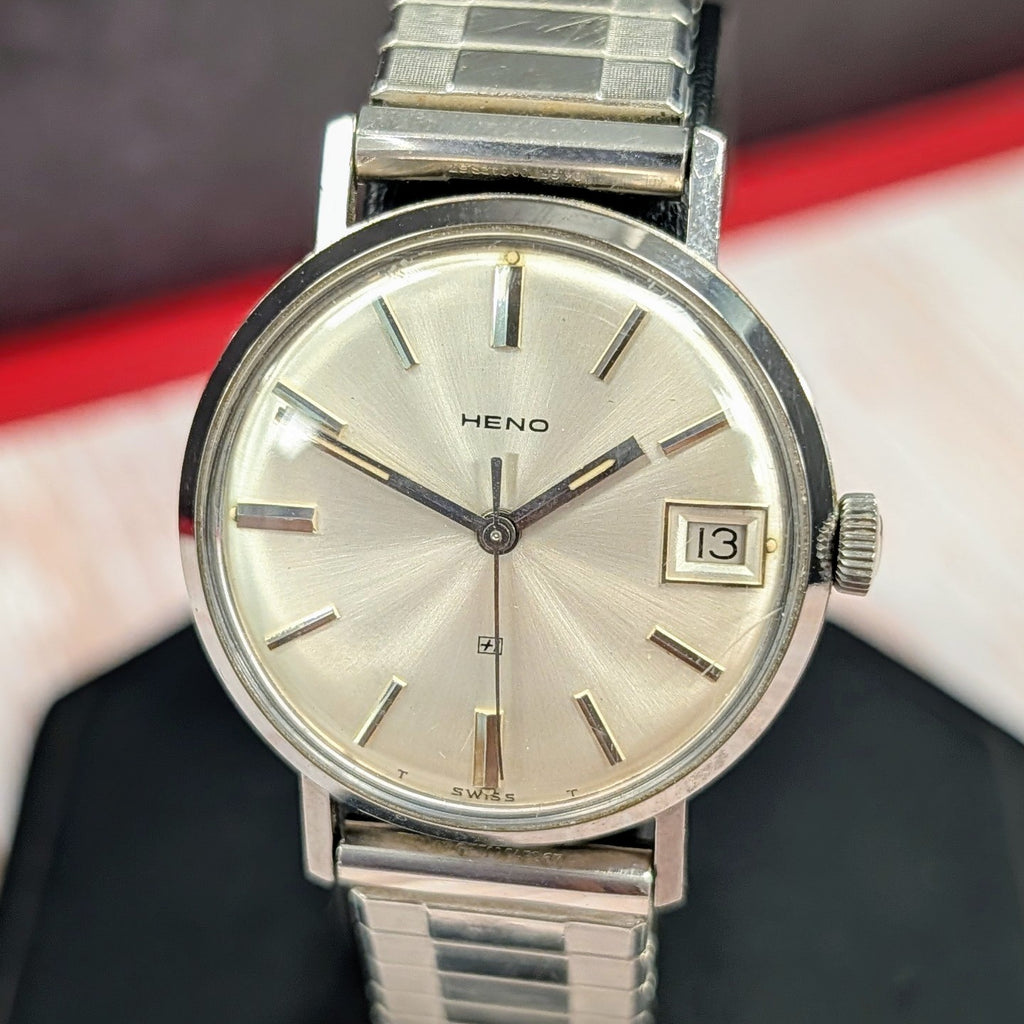 Vintage HENO Watch Date Indicator Swiss Made Wristwatch Incabloc Sunbu ...