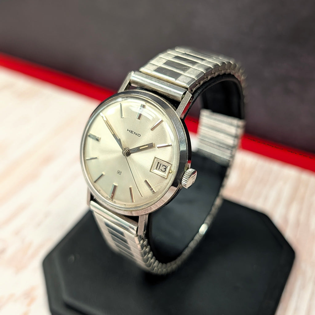 Vintage HENO Watch Date Indicator Swiss Made Wristwatch Incabloc Sunbu ...