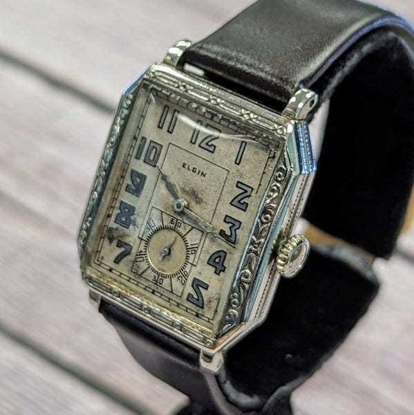 1930 ELGIN Watch 17 Jewels Grade 489 Art Deco Tank Case 14K White GF W ...